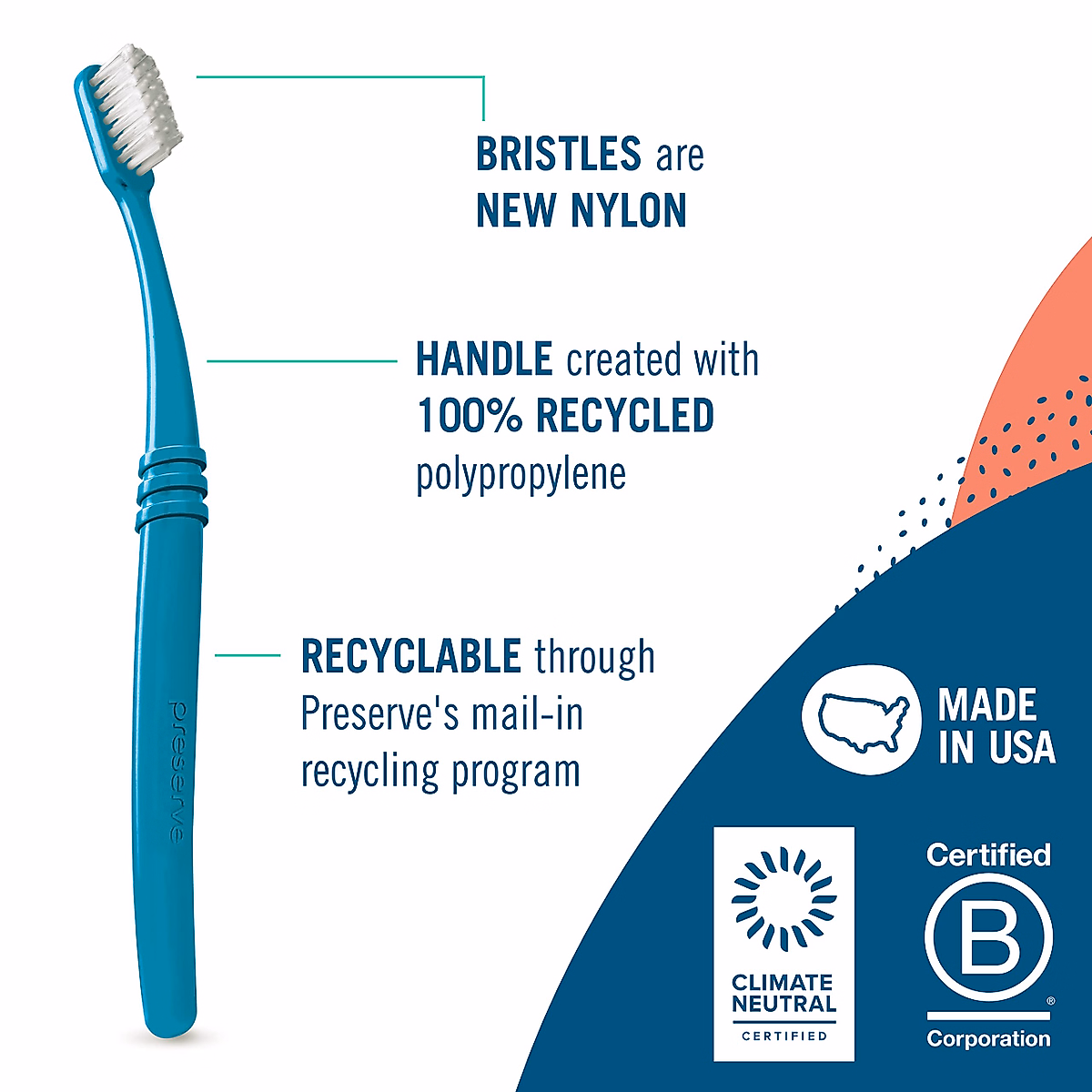 Preserve Eco Friendly Adult Toothbrushes, Made in The USA from Recycled Plastic, Ultra Soft Bristles, Colors Vary, 6 Count