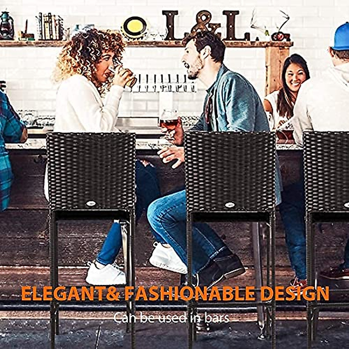 VIVOHOME 6 Packs Outdoor Wicker Barstool Patio Rattan Furniture with Cushions Black