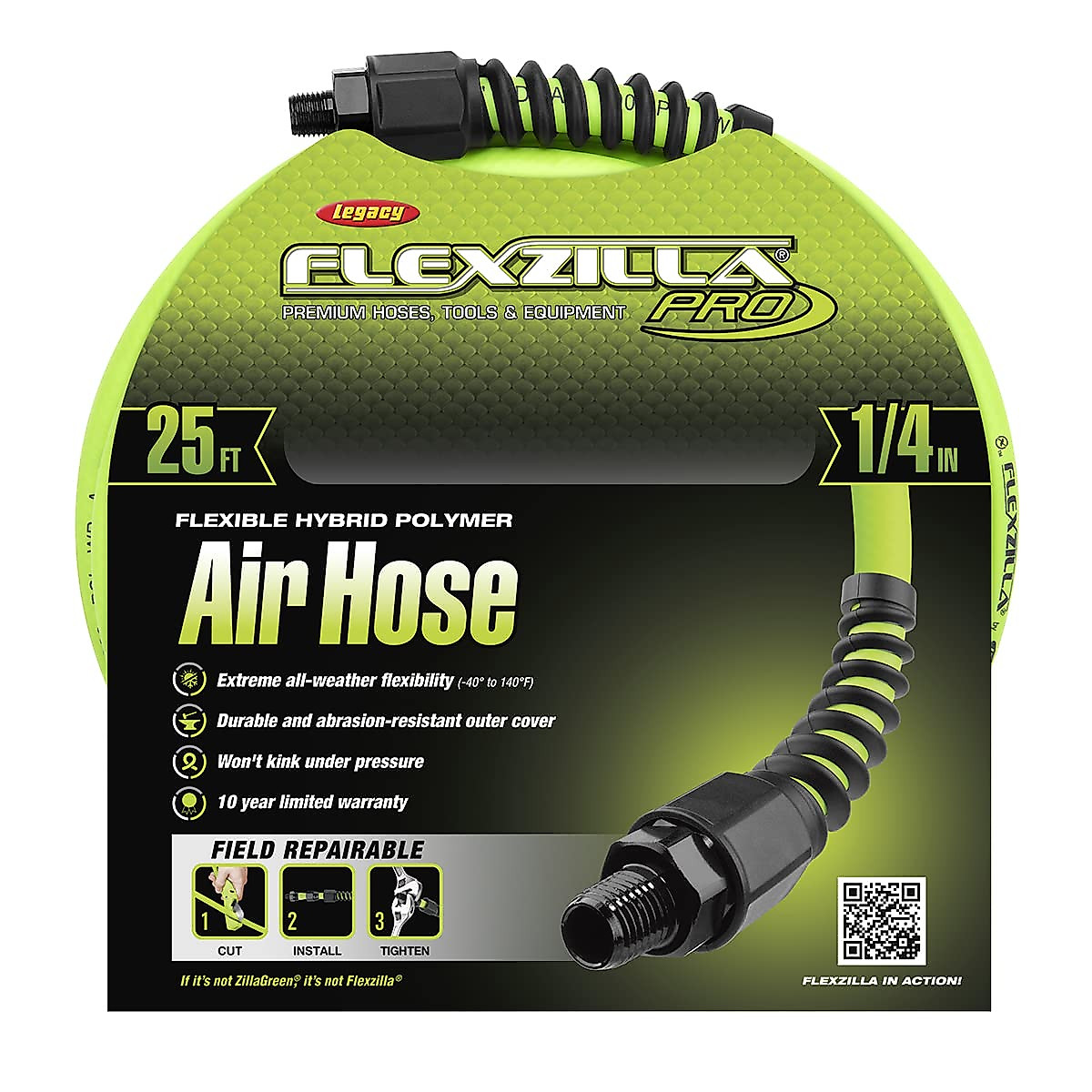 Flexzilla Pro Air Hose, 1/4 in. x 25 ft., Heavy Duty, Lightweight, Hybrid, ZillaGreen - HFZP1425YW2