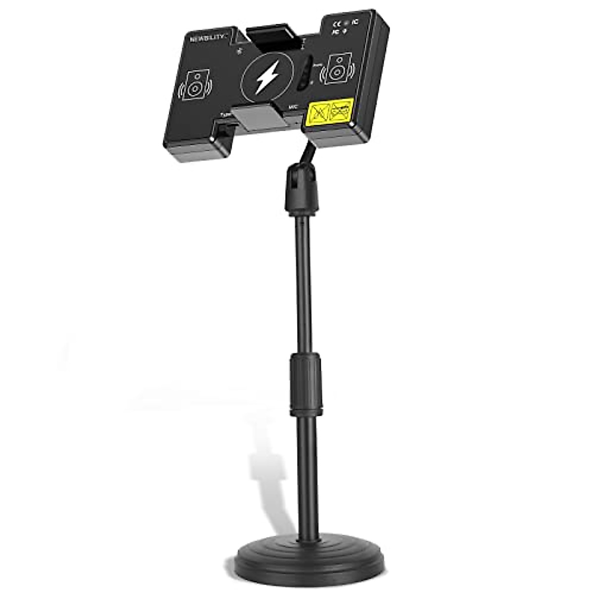 NEWBILITY Cell Phone Stand with Bluetooth Speaker and QI Wireless Charger Dual Stereo Player Infrared Induction Automatic Phone Clip Cell Phone Stand for Desktop 3 in 1