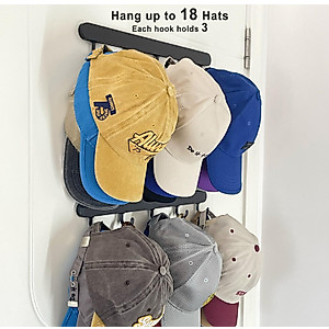 ETOWIFA Adhesive Hat Organizer Rack for Baseball Caps [Up to 18 Caps] Hat Hanger Display for Wall/Closet/Over The Door, Room/College Dorm Storage Holder - 2 Adhesive Straps and 10 Removable Hooks