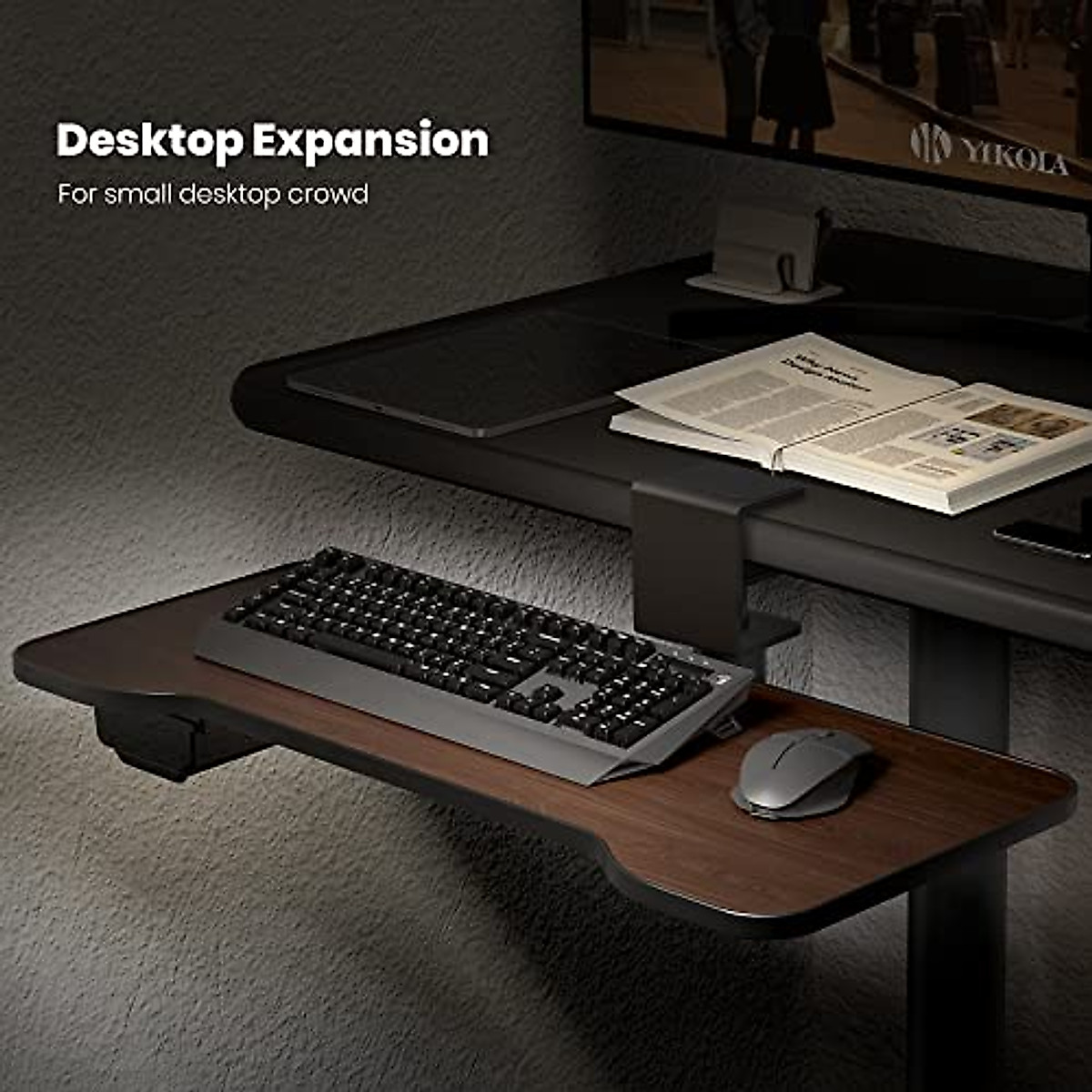 Keyboard Tray Under Desk,360 Rotating Keyboard&Mouse Tray with Drawer,Yikola Desk Extender Adjustable C-Clamp, Ergonomic Platform Tray Under Table,No Drilling Install 23.54'' x 9.8''in-Walnut Pattern