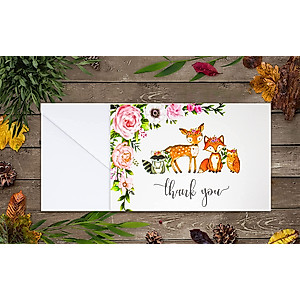 50 Pack Watercolor Girl Woodland Greenery Thank You Cards, Cute Thank You Notes with Envelopes & Stickers, Baby Shower, Birthday any Occasion Large Size 4x6 Animal Fox Raccoon Deer Owl Gratitude For Party, Children Stationery