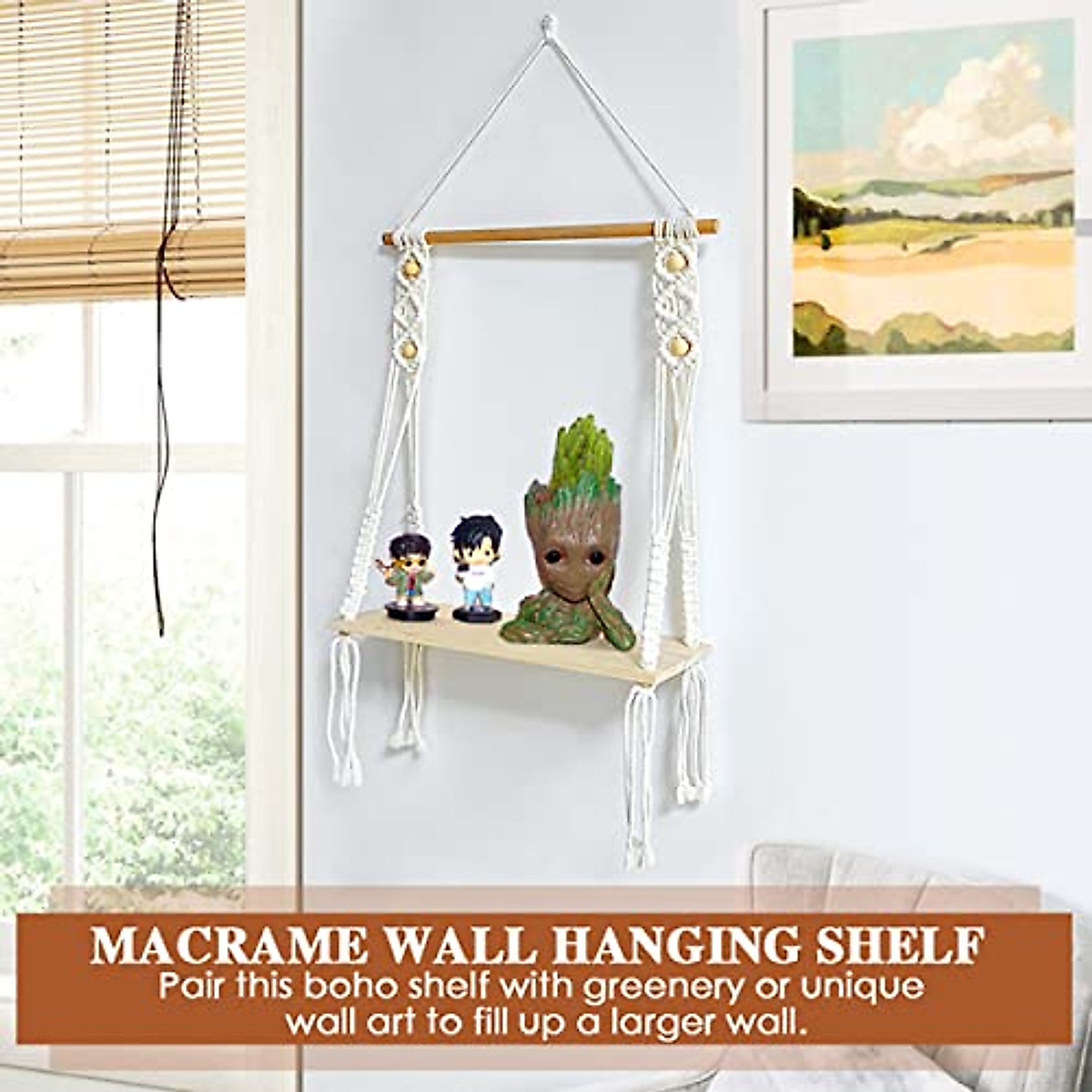 Axgo Macrame Hanging Shelves, Handmade Bohemian Woven Hanging Shelves Macrame Wall Hanging Shelf 16" x 6" Boho Wall Decor for Books Photos Collectibles Small Plants Perfumes