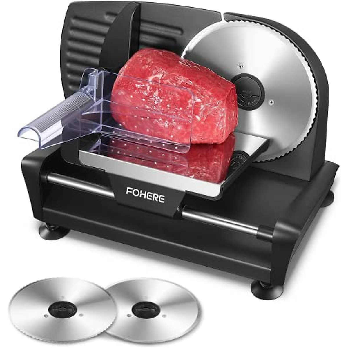 FOHERE Meat Slicer for Home Use, 200W Electric Deli Food Slicer with Removable Two 7.5” Blades, 0-15 Precise Thickness Knob Cut Deli Food, Meat Ham Bread Fruit, Include Food Carriage, Black