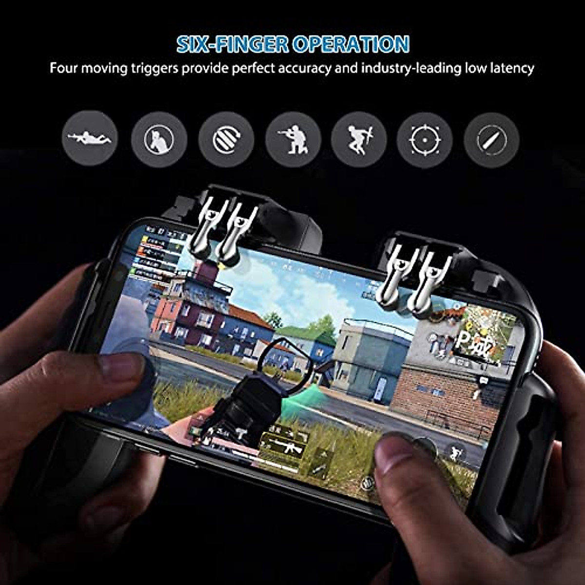 Six-finger Gaming Controller PUBG Mobile Phone Controller Joystick Gamepad with Cooling Fan/Phone Holder, Phone Gamepad For PUBG/Fortnite/Call of Duty