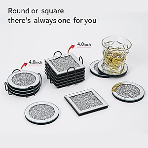 ToPToToo Mirrored Crystal Glass Coasters for Drink Crushed Diamond Decor Cup Coasters Set of 4,Square Personalized Coasters with Holder for Wooden Coffee Table (4 X 4 Inch)