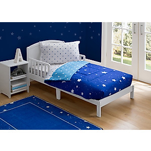 Delta Children 4 Piece Toddler Bedding Set for Boys - Reversible 2-in-1 Comforter - Includes Fitted Comforter to Keep Little Ones Snug, Bottom Sheet, Top Sheet, Pillow Case - Blue Stars