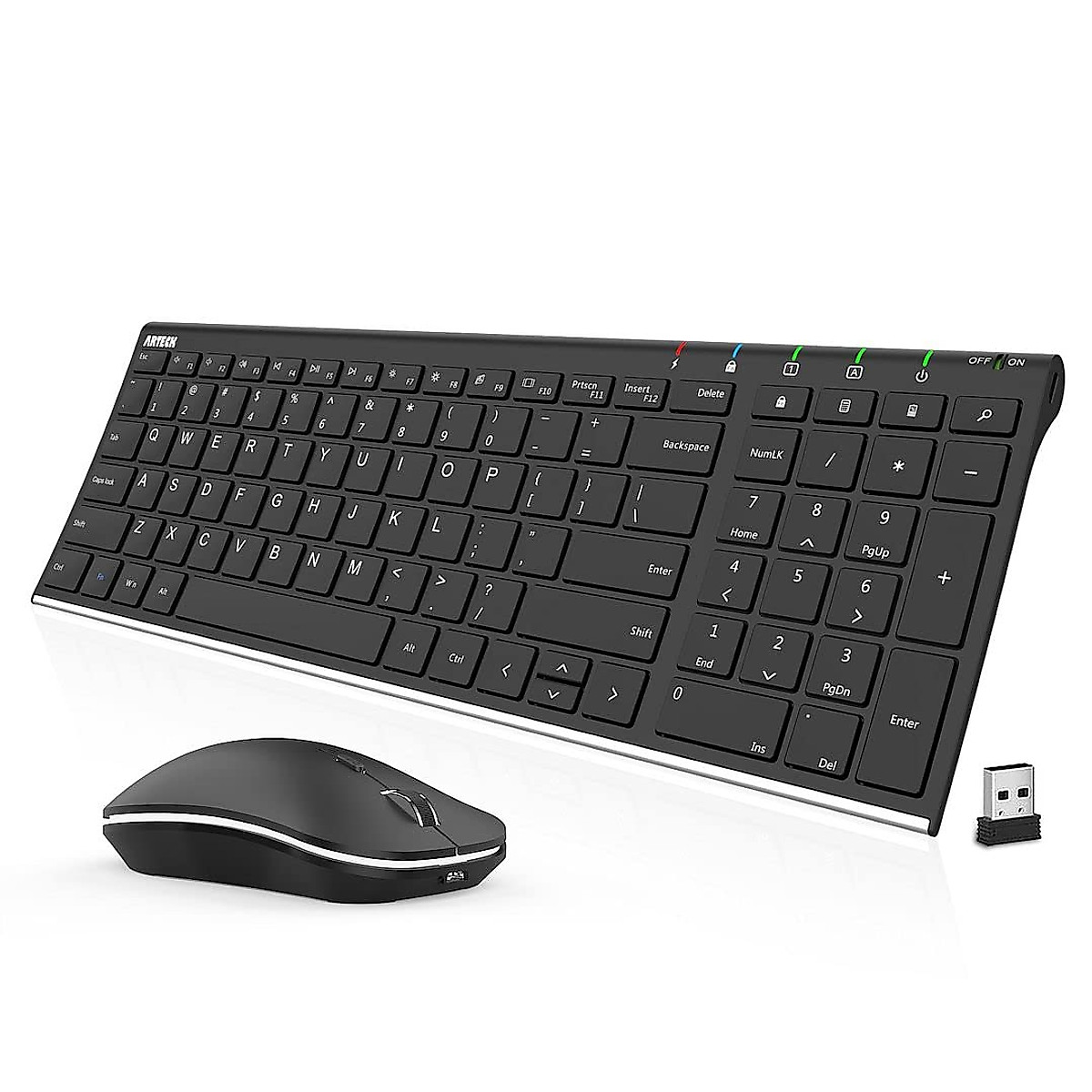 Arteck 2.4G Wireless Keyboard and Mouse Combo HW193MW162 Stainless Ultra Slim Full Size Keyboard and Ergonomic Mouse for Computer Desktop PC Laptop and Windows 11/10/8/7 Build in Rechargeable Battery