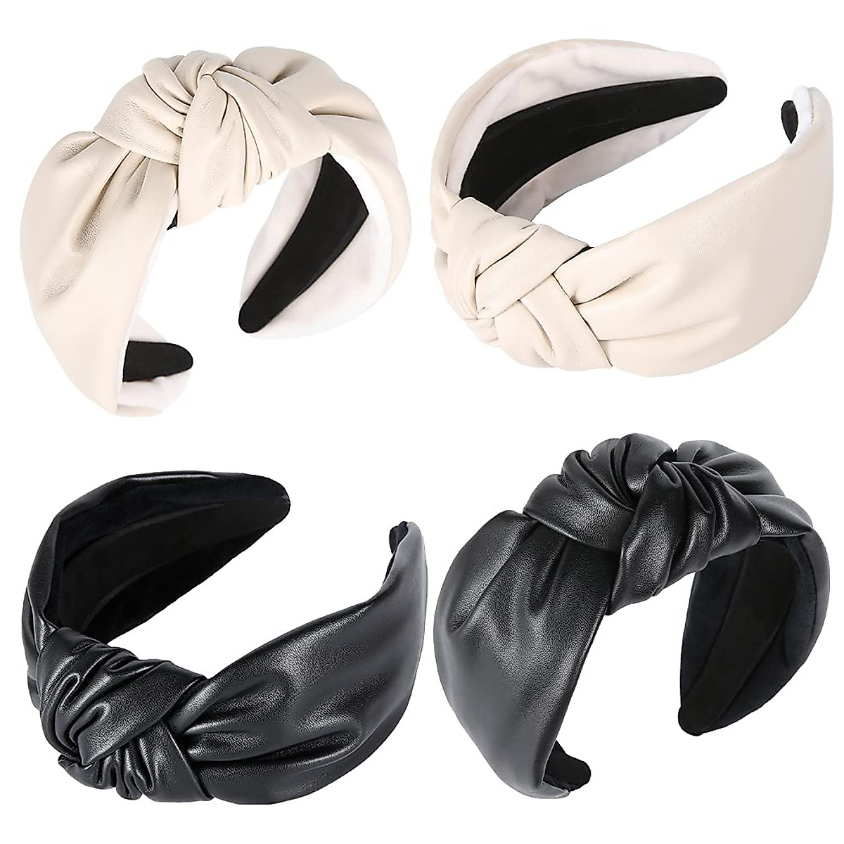 QIANXUAN Wide Hair Bands for Women - Black Cloth Headband and Leather Headbands with Tie for Glam Girl Fashion (2Pcs Pu Artificial Top Knot)