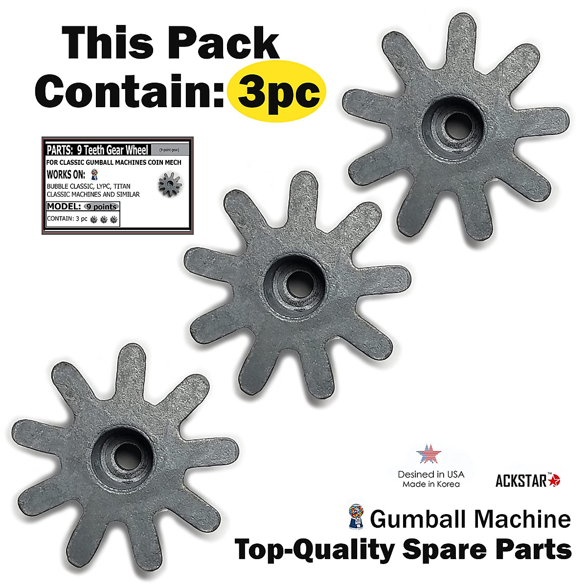 9 Point Drive Gear Wheel for Classic Gumball Machine Coin Mechanism - 9 Teeth Sprocket Gear for Coin Mechanism of Gumball Vending Machines. 9 Tooth Gear Wheel Gumball Machine Replacement Part - (3pc)