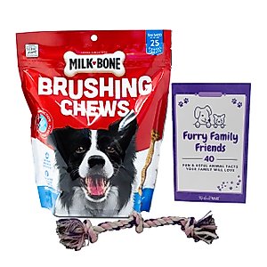 Milk-Bone Brushing Chews Dental Dog Treats - Small/Medium Snacks for Pups 25-49 Lbs (25 Count) - Plus Rope Toy and Fun Animal Facts Booklet Bundle