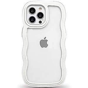 Anuck for iPhone 14 Pro Case Wavy Edge Clear Back Design, Anti-Slip Grip Cute Wave Curly Frame Shape Shockproof Soft TPU & Hard Bumper Protective Phone Case Cover for Women Girls, White