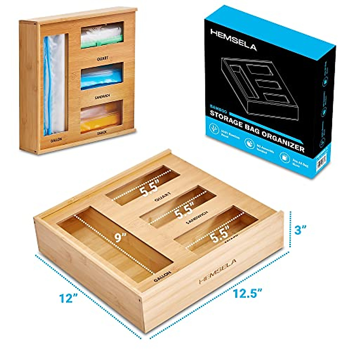 HEMSELA Ziplock Bag Organizer, kitchen drawer organizer with foil and plastic wrap, aluminum foil organizer, ziplock bag dispenser With Cutter, Compatible for Gallon, Quart, Sandwich & Snack (Wooden)