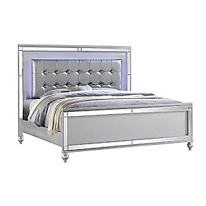 Epinki Queen Size Upholstered Led Bed Made with Wood in Silver Color, Bed Frame, Easy Assembly
