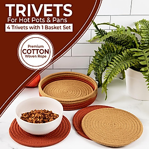 Trivets for Hot Dishes 100% Cotton Rope - 8" Trivets for Hot Pots and Pans Set of 5 Pcs w/ 9" Storage Basket | Pot Holders Heat Resistant | Hot Pads for countertops, Table | Kitchen Decor for Counter