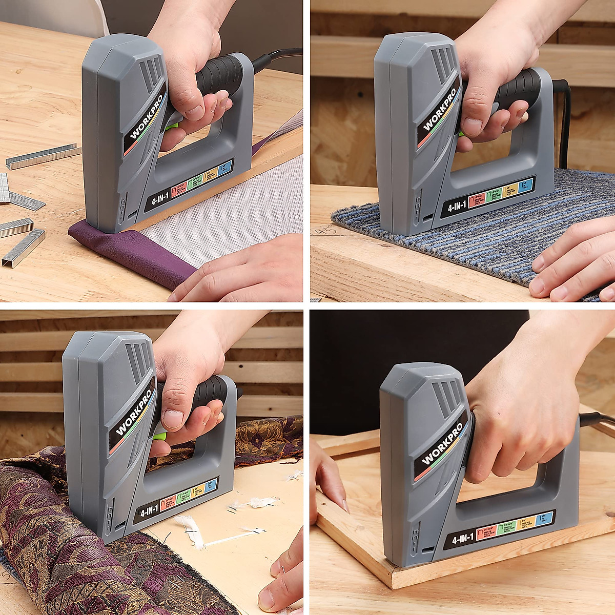 WORKPRO Electric Corded 4-in-1 Nail Gun, Professional Stapler for Wood Upholstery, Crafts, Framing, Decoration, DIY, Including 3000PCS of Staples and Nails