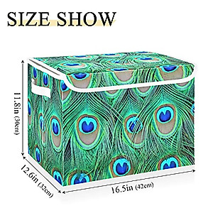 WELLDAY Peacock Feather Storage Baskets Foldable Cube Storage Bin with Lids and Handle, 16.5x12.6x11.8 In Storage Boxes for Toys, Shelves, Closet, Bedroom, Nursery