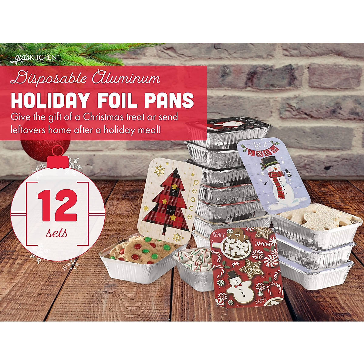 Gia's Kitchen Aluminum Pans with Lids, Set of 12 Christmas Tins - Heavy Duty Foil Pans with Lids, Ideal for Leftovers, Holiday Cookie Gifts - Assorted Traditional Foil, Rectangular (24 Piece Set)