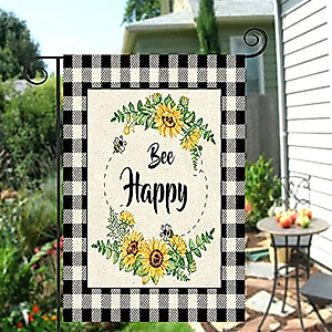 JAWO Welcome Sunflower Bee Happy Garden Flag, Spring Summer Flower Buffalo Plaid Check Decor Farmhouse Outside Decoration Outdoor Small Burlap Flags, Vertical Double Sided Seasonal Yard Flag 12"X18"