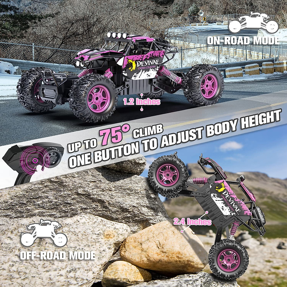 CROBOLL 1:12 Large RC Cars Toys for Boys Girls with Lifting Function, 4WD Remote Control Car Gifts for Kids 4X4 Off-Road RC Rock Crawler, 2.4GHz RC Truck with 2 Batteries 60Mins Play(Pink)