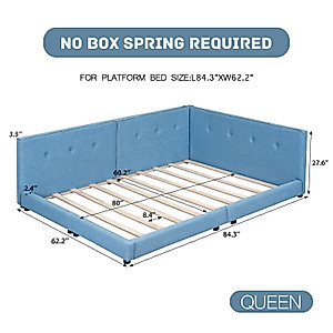 Queen Size Floor Bed Frame Toddler,with Slatted Support & USB Charging Port Platform Bed,Solid Wood Upholstered Sofa Bed for Living Room, Bedroom,Recreation Room,No Box Spring Needed (Queen)