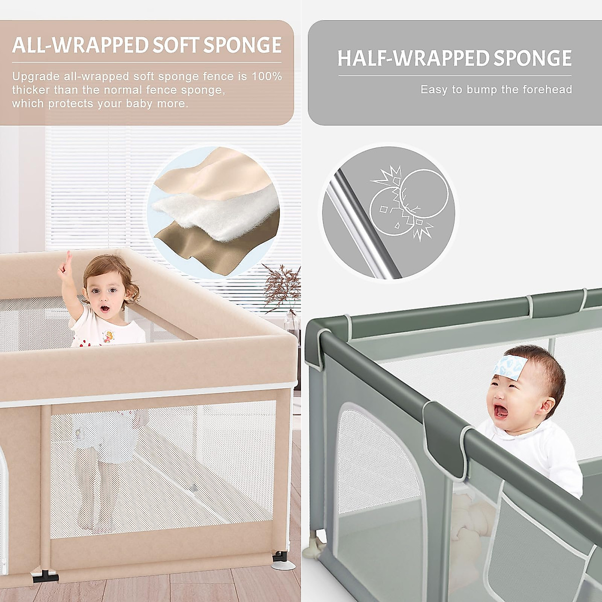 Omzer Baby Playpen with Mat 50x50inch: Large Playpen for Babies and Toddlers Indoor Safety Play Pen with Soft Breathable Mesh - All-Wrapped Sponge Sturdy Play Yard with Stable Mat Magic Sticker Beige