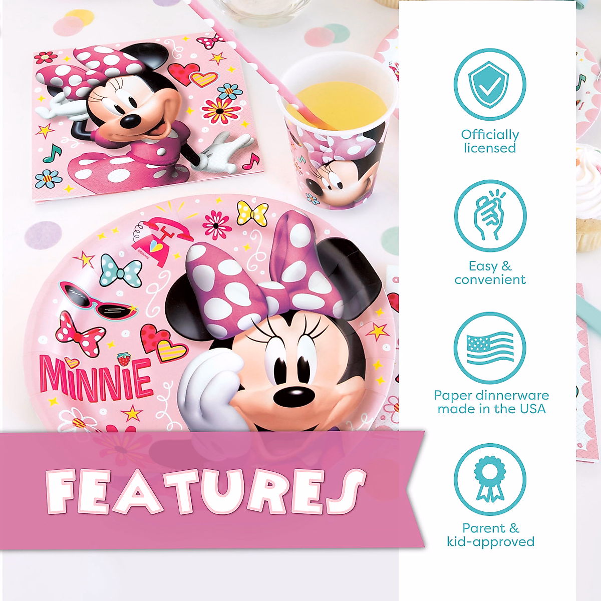 Minnie Mouse Birthday Party Supplies | Minnie Mouse Party Decorations | Minnie Mouse Party Supplies | Serves 16 Guests with Banner, Table Cover, Plates, Napkins, Sticker