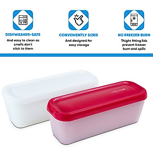 LIN Insulated Ice Cream Containers 2-Pack with Serving Scoop - 1.6 Quart Reusable Rectangle Dessert Storage Tubs for Homemade Ice Cream, 1 Red & 1 White Lid - Non-BPA Plastic - Dishwasher-Safe