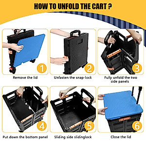 SELORSS Foldable Utility Cart Rolling Crate Handcart 110lbs Large Capacity Shopping Cart with 360°Rotate Noiseless Wheels & Telescoping Handle for Transports Groceries Office School Use(Blue)