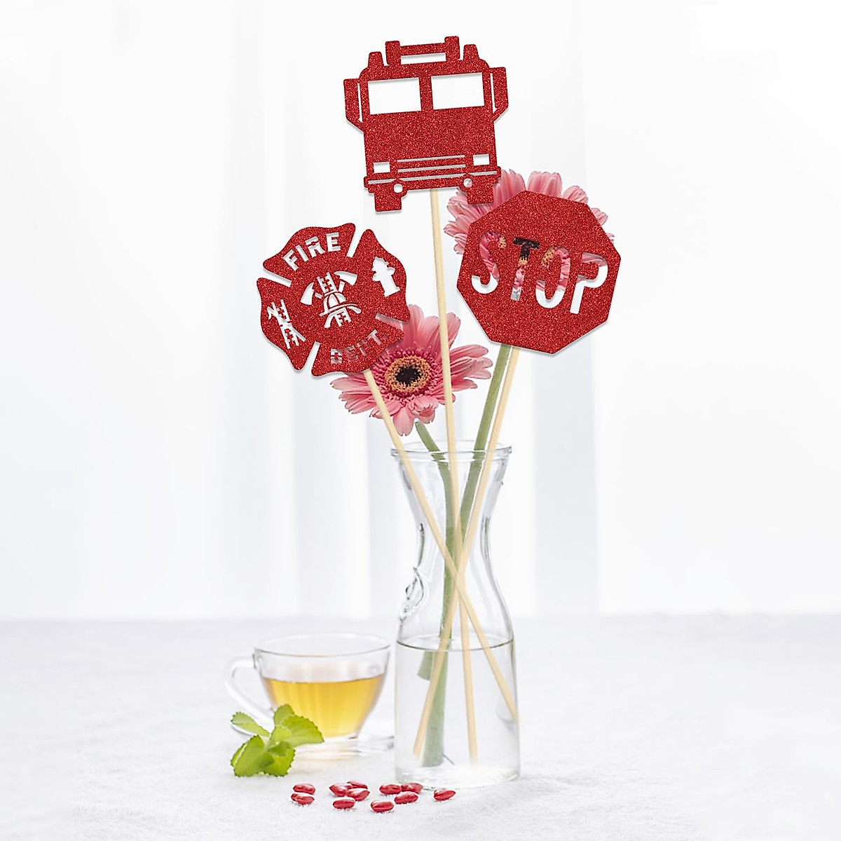 KEWUFD 12PCS Firetruck Birthday Party Centerpiece Stick Firetruck Themed Baby Shower/Birthday Party Table Toppers Sign Fire Academy Graduation Party Decoration Supplies