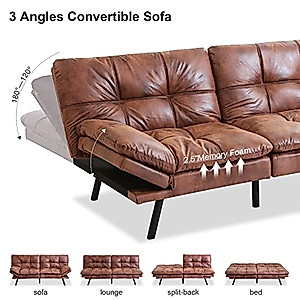 Maxspeed Leather Futon Sofa Bed,Convertible Memory Foam Couch Bed,Modern Loveseat with Covertible Armrests for RV Car Living Room&Bedroom Small Space（Brown）
