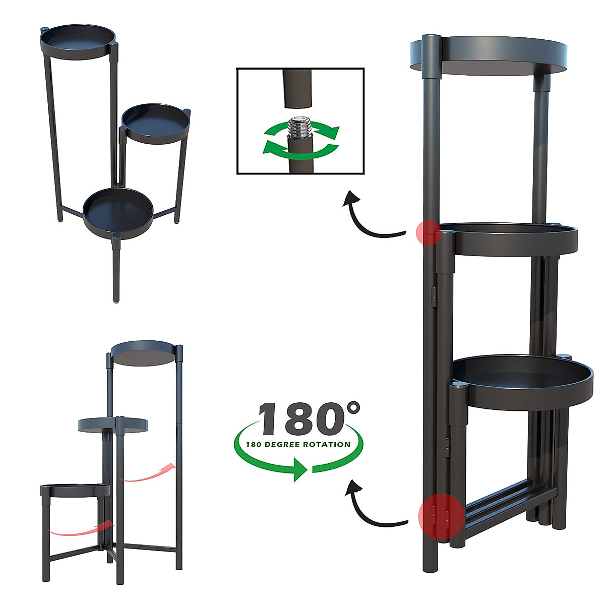 3 Tier Great tube Plant Stand Indoor Outdoor Black Metal Flower Holder for Multiple Pots Tall Corner Plant Shelf Rack Tiered Planter Stands Iron Potted Shelves Vertical for Patio, Balcony, Garden