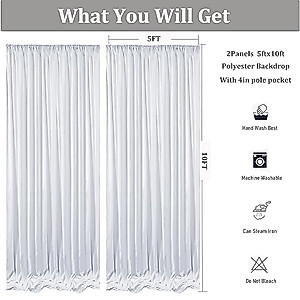 Romolive White Backdrop Curtain 10ftx10ft Polyester Backdrop Fabric White Curtains for Party Events Birthday Bridal Shower Backdrop Curtain