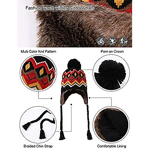 Comhats Winter Thick Peruvian Beanie Hat for Women Girl Wool Warm Ski Earflap Pompom Fur Skull Cap Red