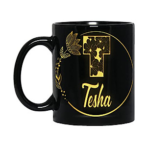 Coffee Mug Personalized Tesha Name & Initial Letter Monogram Floral Alphabet Mug Golden Flowers Custom Black Coffee Cup, Gift for Her Mom Coworker Sister, Wife, Girl 11oz Black Mug 172975