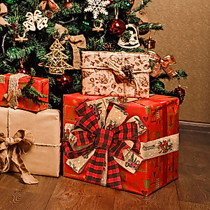 MTSCE Christmas Tree Topper, 57x 13 Inches Handmade Buffalo Plaid Christmas Decorations, Red Black Christmas Bow Topper, Rustic Farmhouse Xmas Decorations Home Decor