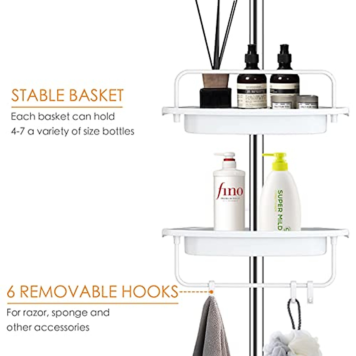 Rustproof Shower Caddy Corner, Shower Organizer with Tension Pole, 4 Tier Adjustable Shelves with Shower Storage, Stainless Shower Shelves, Drill Free Shower Rack, 56-114 Inch, White