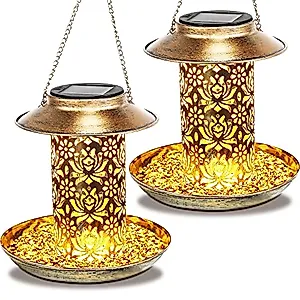Enhon 2 Pack Solar Bird Feeder for Outdoors Hanging, Metal Wild Bird Feeder for Cardinals, Weather Resistance Solar Backyard Garden Lantern Light Decoration with S Hook as Gift Ideas for Bird Lovers