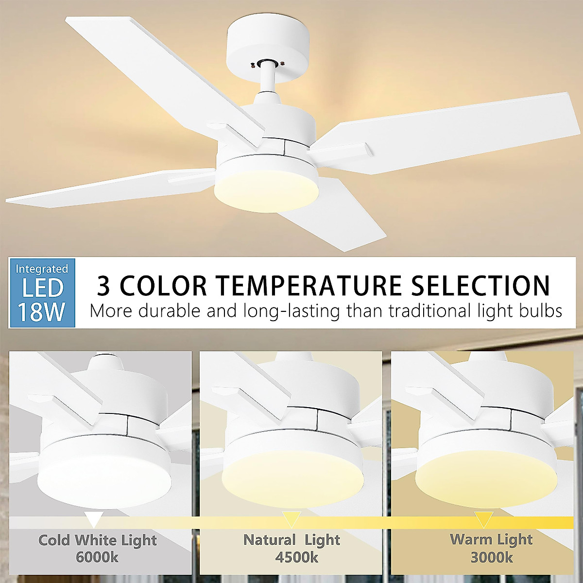 Ohniyou 40” Ceiling Fans with Lights and Remote, Small Outdoor Ceiling Fans with Light for Patio, Modern Ceiling Fan Light for Bedroom Porch(White)