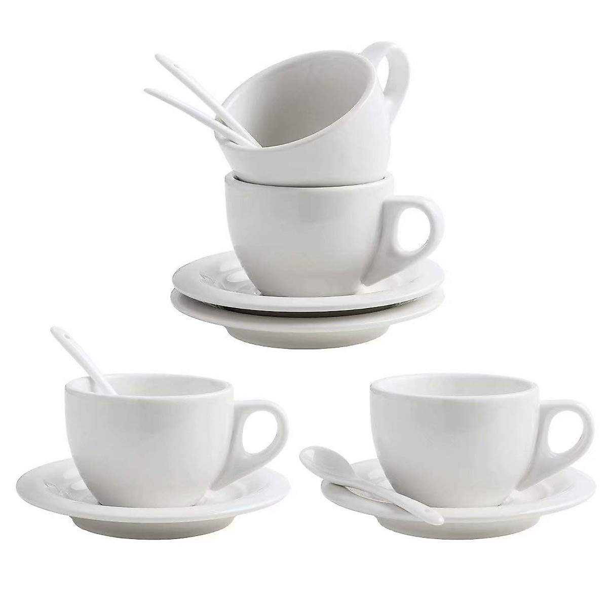XUFENG 8oz Cappuccino Cups Set of 4 with Saucer White Porcelain for Latte, Mocha,Tea Espresso Cafe with Porcelain Spoon