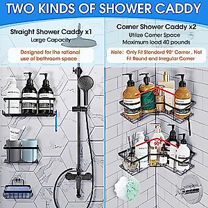 Corner Shower Caddy, 5 Pack Adhesive Organizer Stainless Steel Bathroom Shelves with Holder & 14 Hooks No Drilling Wall Mounted Storage Rack Shelf for Inside Shower, Black