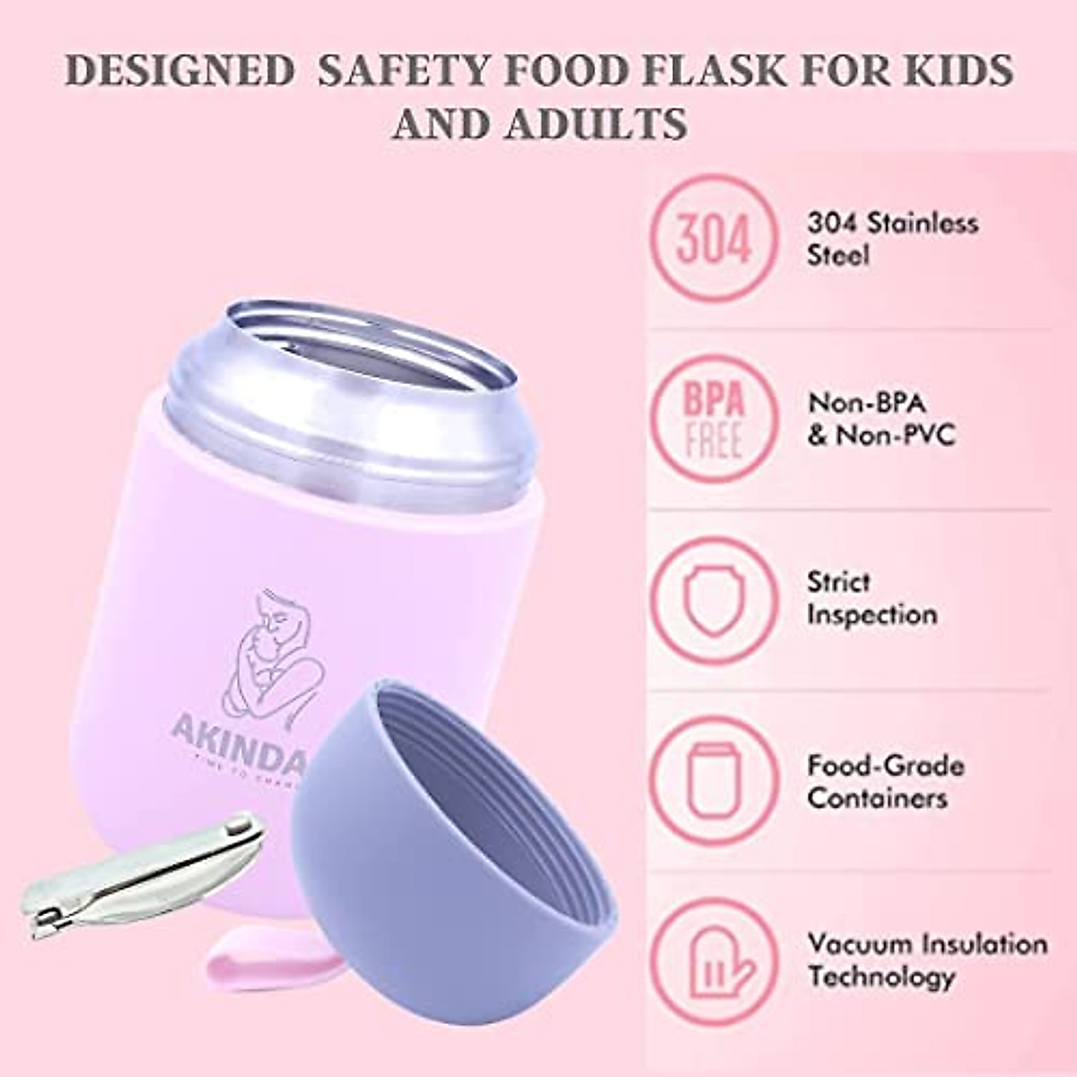 AKINDARI Thermos food jar 18 Oz for salad, soup or as lunch box for kids, Stainless Steel insulated keep food perfectly warm
