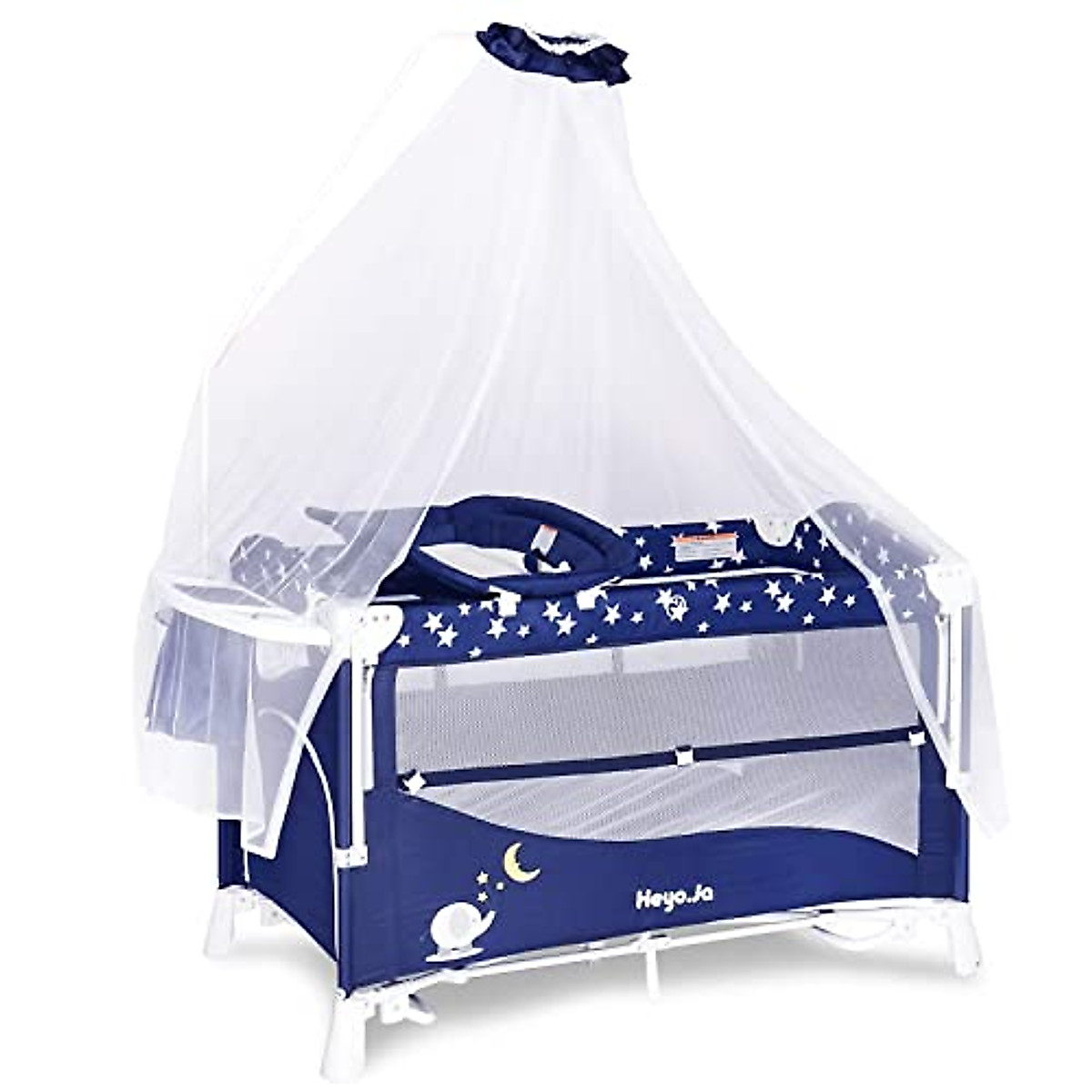 Heyo.Ja Double Layer Baby Playard, 5 Height Adjustable Crib,Changing Diaper Rack,Foldable Bassinet Bed with Luxury Mosquito Net,Starry Sky Fence,Two Toys Bag,Wheels & Brake, Carry Bag (Navy)