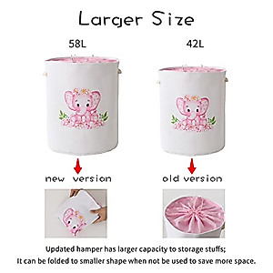INough Extra Large Hamper for Baby Girl,Elephant Baby Hamper for Nursery, 58L Pink Laundry Basket Gift Bags for Girls Canvas Toy Storage Basket for Play Room Kids Room College Dorms Bedroom