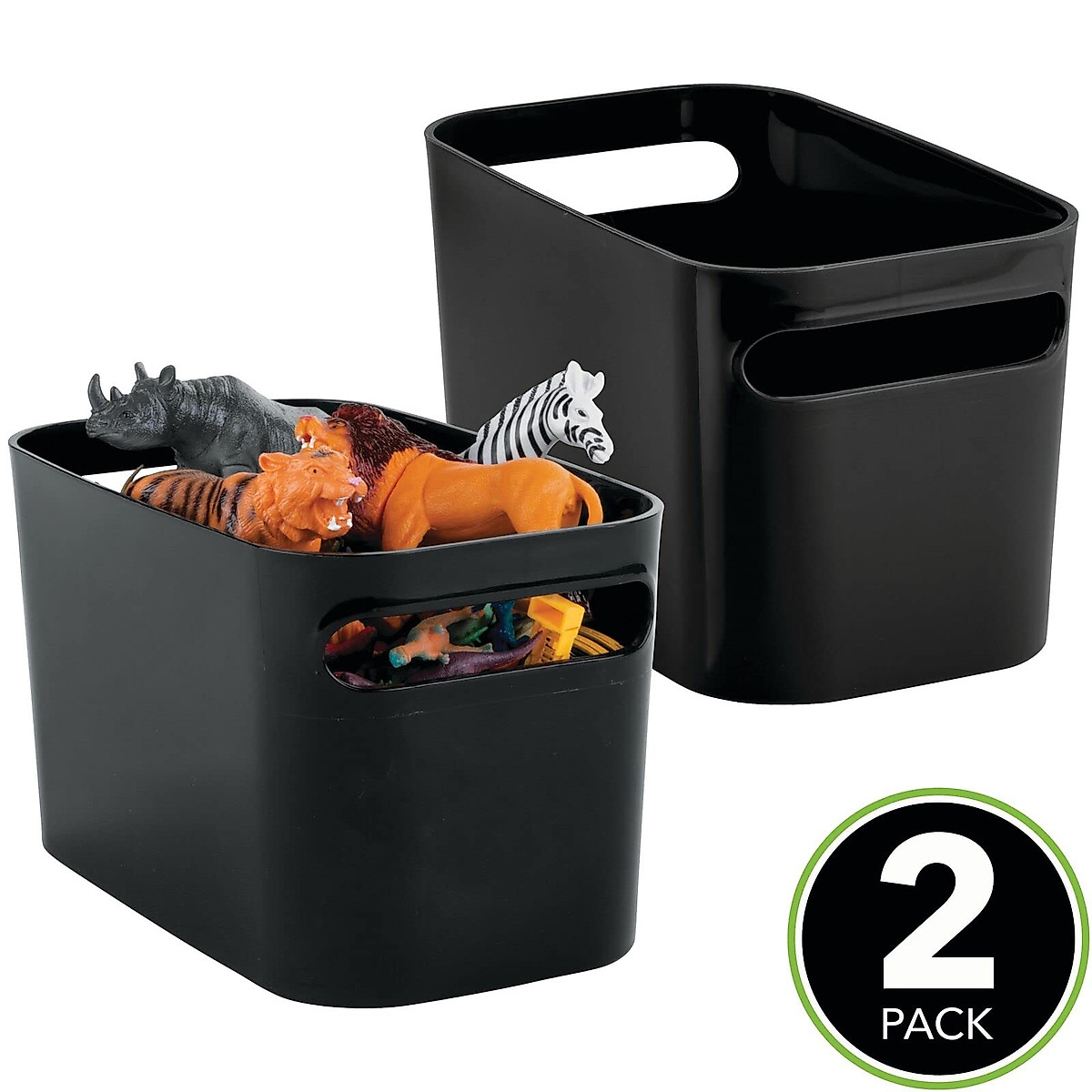 mDesign Plastic Toy Box Storage Organizer Tote Bin with Handles for Child/Kids Bedroom, Toy Room, Playroom - Holds Action Figures, Crayons, Building Blocks, Puzzles, Crafts - 10" Long, 2 Pack - Black