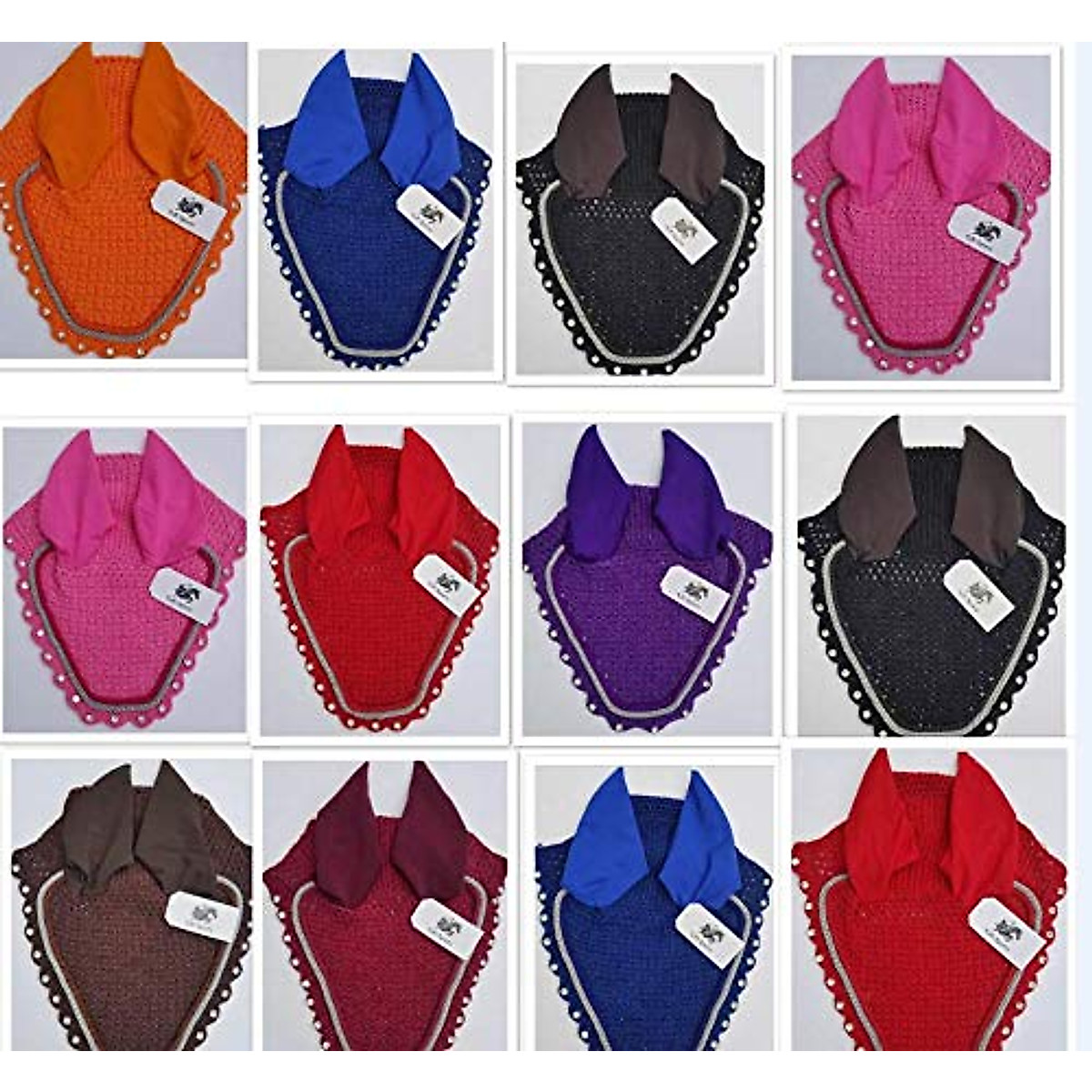 Horse Fly Bonnet with Ears Net Mask Veil with Crystals Blings Hand Made Breathable Cotton Crochet Shows Protect from Bugs and Flies (Full, Purple)