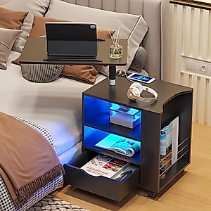 HNEBC LED Nightstand with Wireless Charging Station,Nightstand Has Adjustable Rotary Table,Bedside Tables with One Drawer and 2 Mezzanines/Infrared Induction 3 Color Lighting (On The Right)
