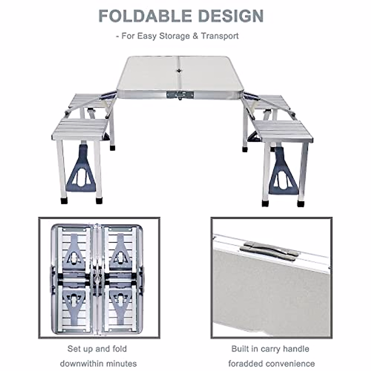 Carivia Aluminum Foldable Table Camping Picnic Folding Grilling Table w/ 4 Chairs Seats Umbrella Hole Fold Up Suitcase Table for Travel Picnic Camping BBQ Party
