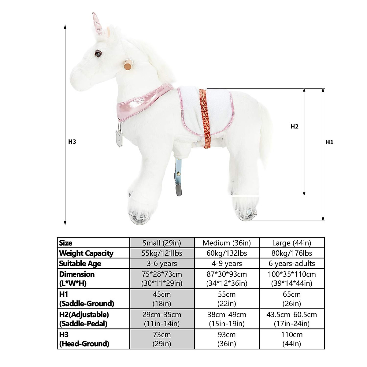 Ufree Small Unicorn Ride on Toy for 3 Years to 6 Years Old, Height 29 Inch Adjustable Pedal for Different Ages Walking Horse Mechanical Moving Horse